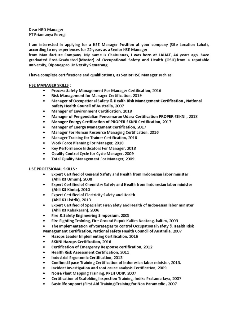 Application Letter HSE Manager Chairunnas M.osh | PDF | Occupational ...