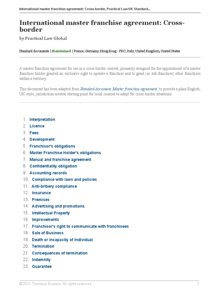 International Master Franchise Agreement Cross-Border | PDF ...