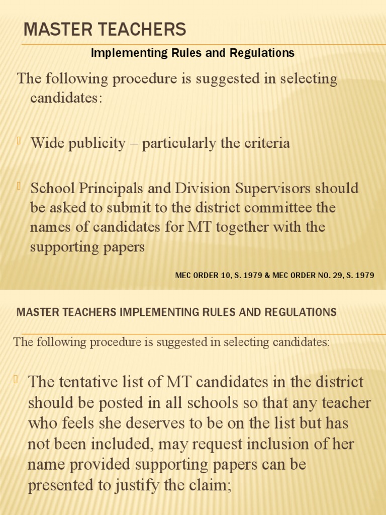 Master Teachers: Implementing Rules and Regulations | PDF | Master's ...