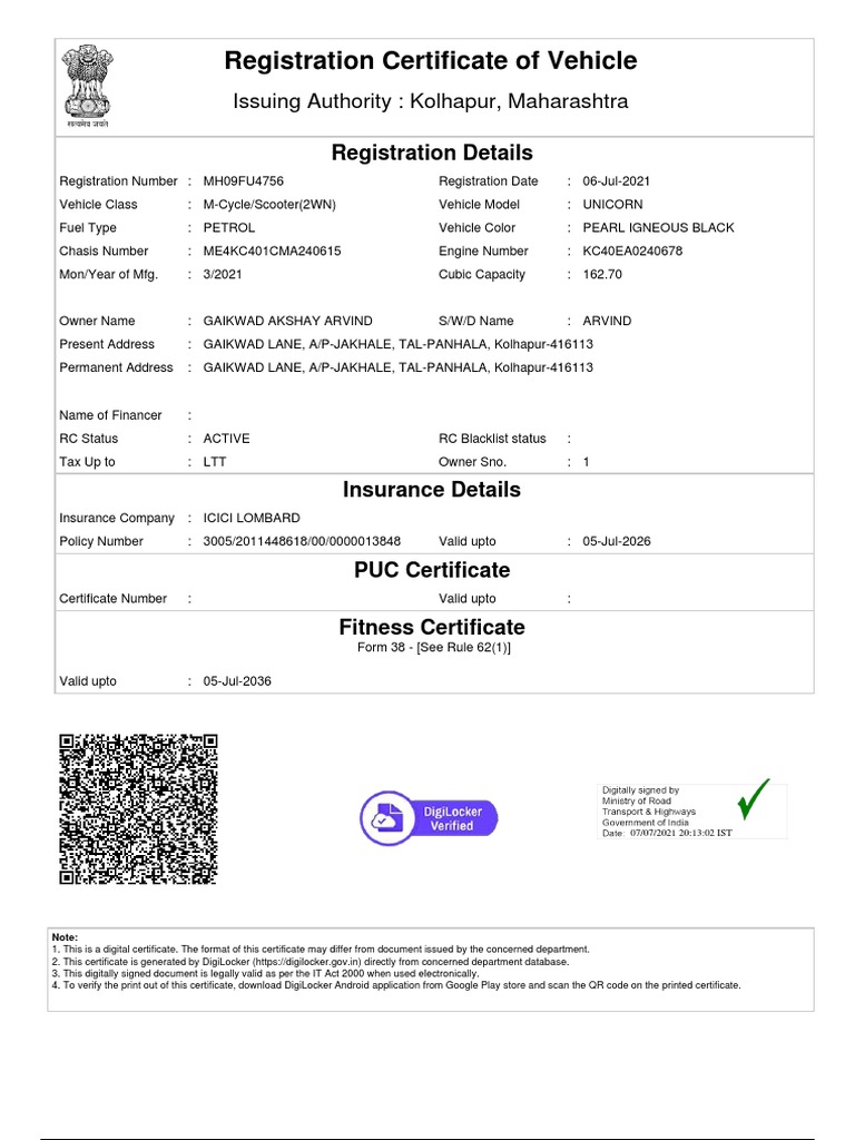 Registration Certificate of Vehicle: Issuing Authority: Kolhapur ...