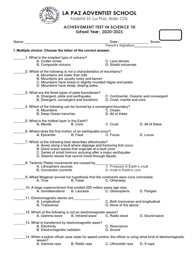 Science 10 Achievement Test | PDF | Earthquakes | Plate Tectonics
