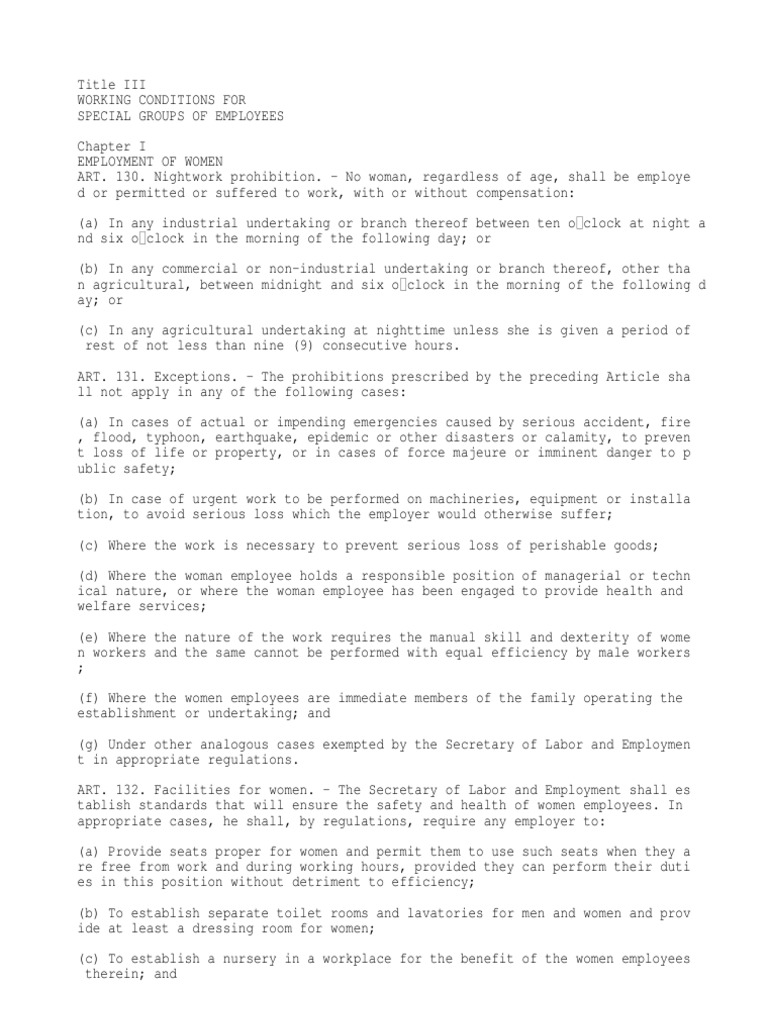 Working Conditions For Special Groups of Employees | PDF | Family ...