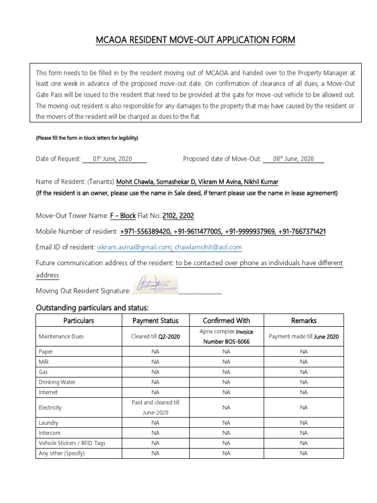 Mcaoa Resident Move-Out Application Form: Outstanding Particulars and ...
