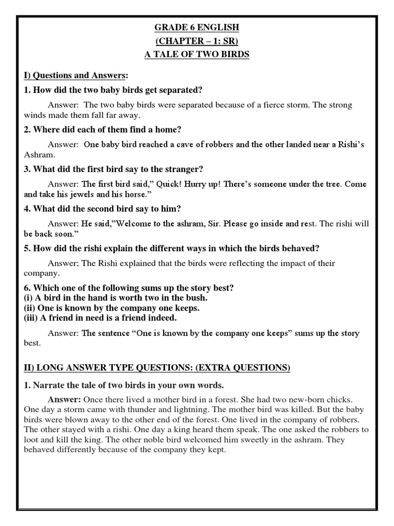GRADE 6 ENGLISH Chapter 1 SR (QUESTION AND ANSWER) | PDF