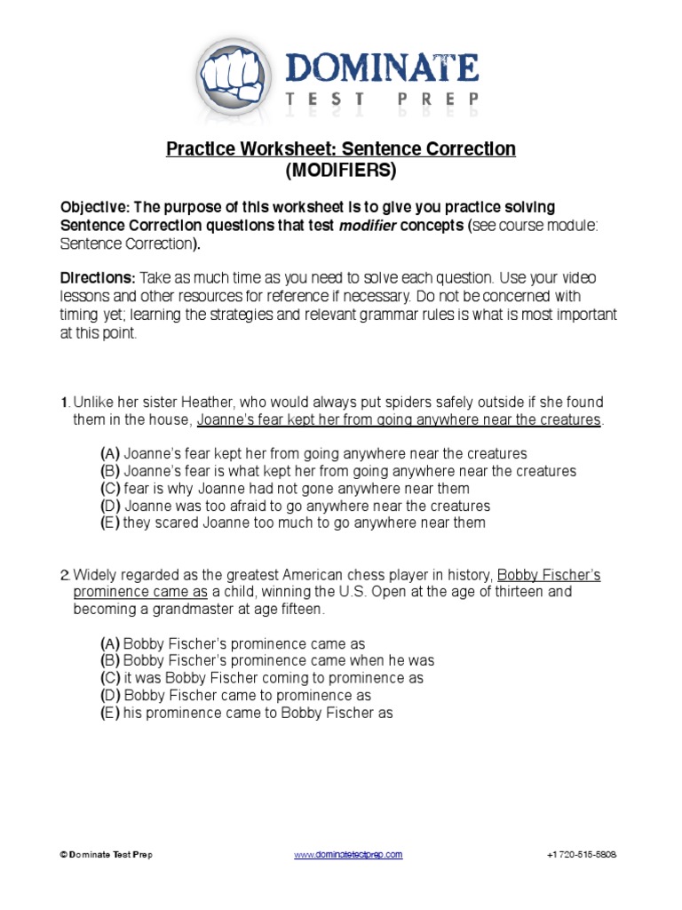 Practice Worksheet: Sentence Correction (Modifiers) | PDF