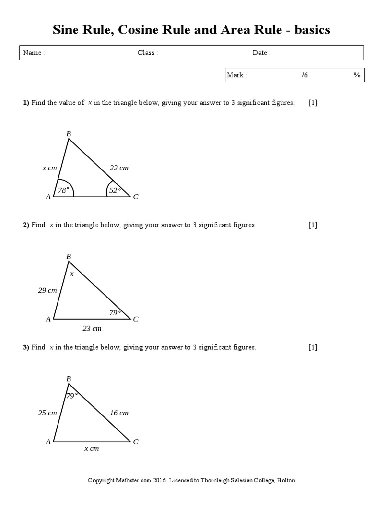 Sine Rule, Cosine Rule and Area Rule - Basics - 1 | PDF