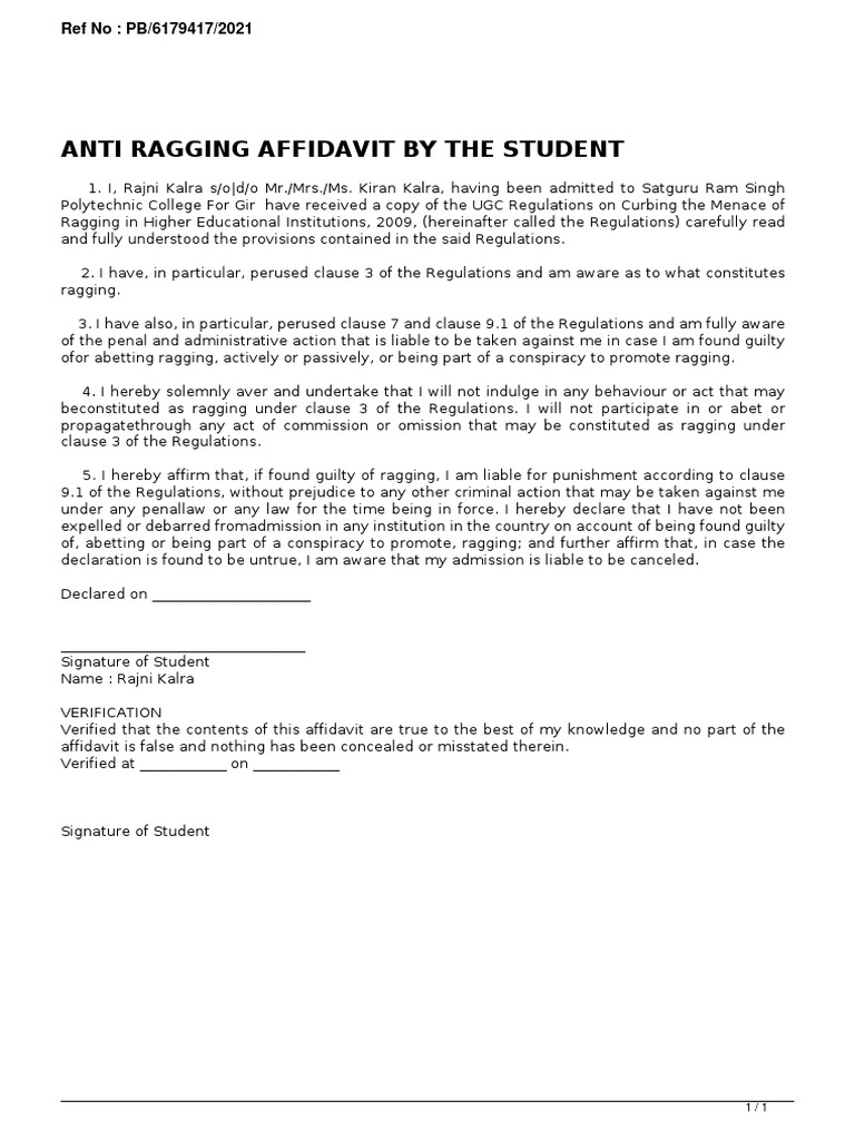 Anti Ragging Affidavit by The Student: Ref No: PB/6179417/2021 | PDF ...