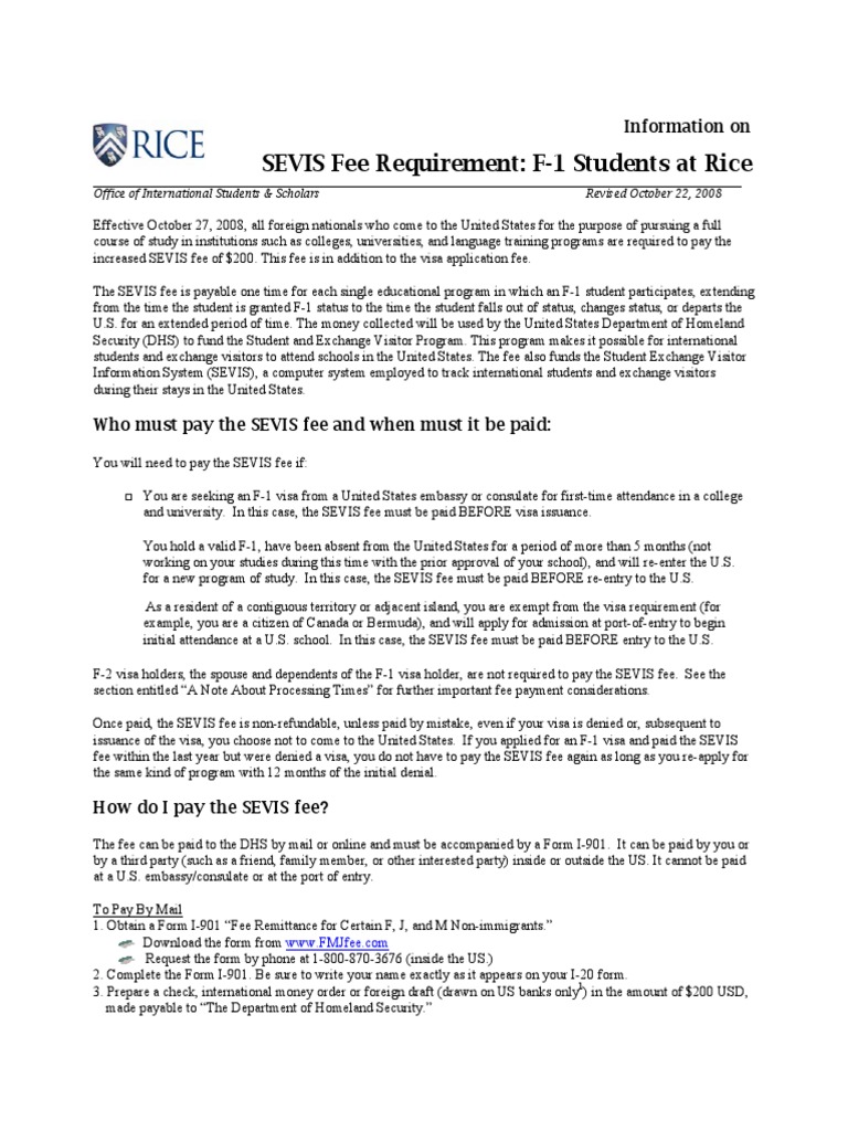 SEVIS Fee F-1.Handout | PDF | Travel Visa | Immigration
