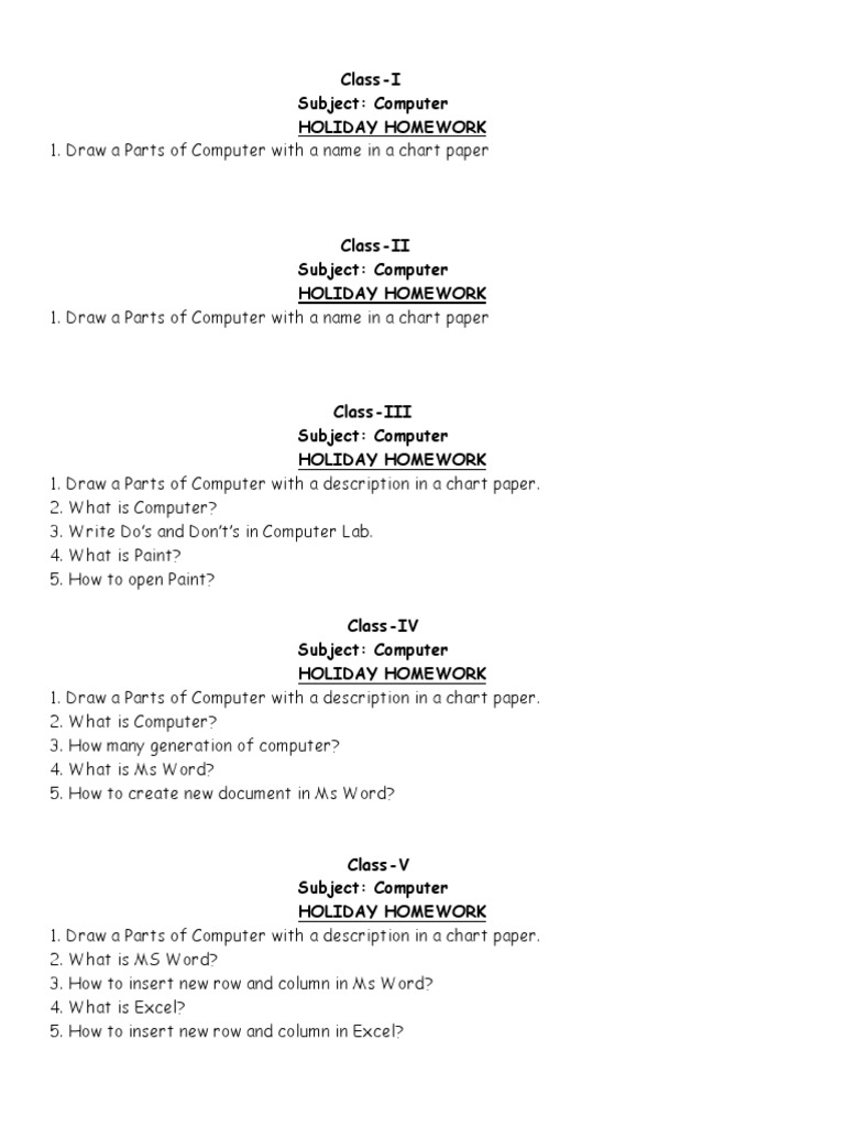 Class-I Subject: Computer Holiday Homework | PDF | Computers