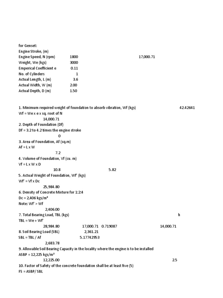 Genset Foundation Computation | PDF | Engine Technology | Internal Combustion Engine