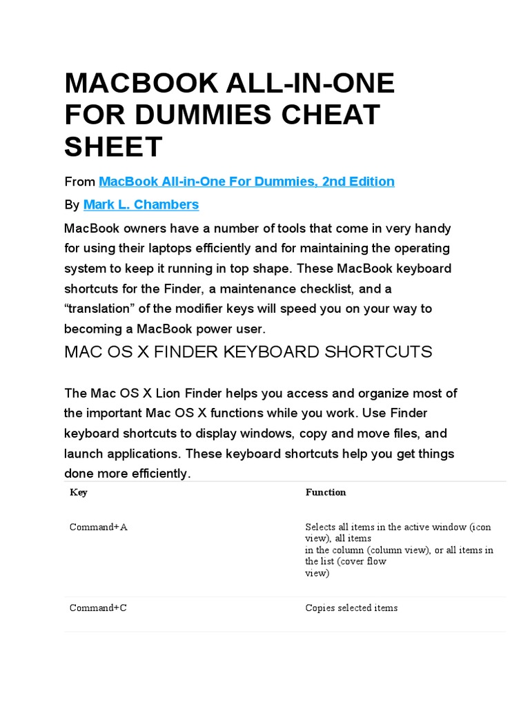 Macbook All-In-One For Dummies Cheat Sheet: Mac Os X Finder Keyboard ...