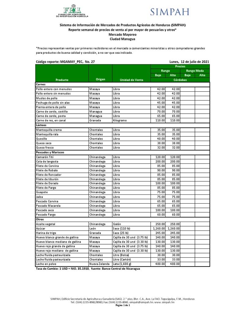 6.5. Reporte Semanal Precios Productos Pecuarios Mayoreo-Managua | PDF ...