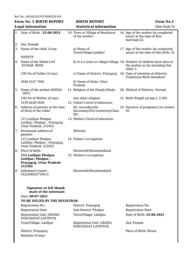 Form No. 1 Birth Report Birth Report Form No.1 Legal Information Statistical Information | PDF ...