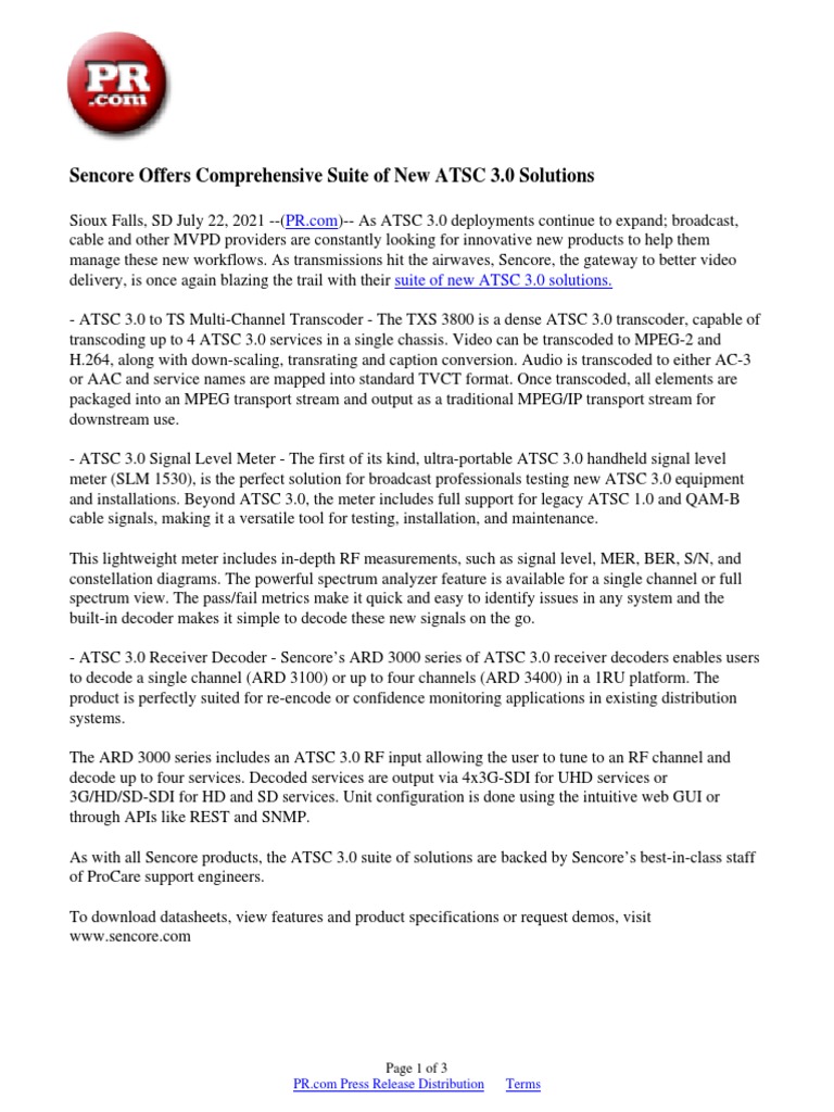 Sencore Offers Comprehensive Suite of New ATSC 3.0 Solutions | PDF ...
