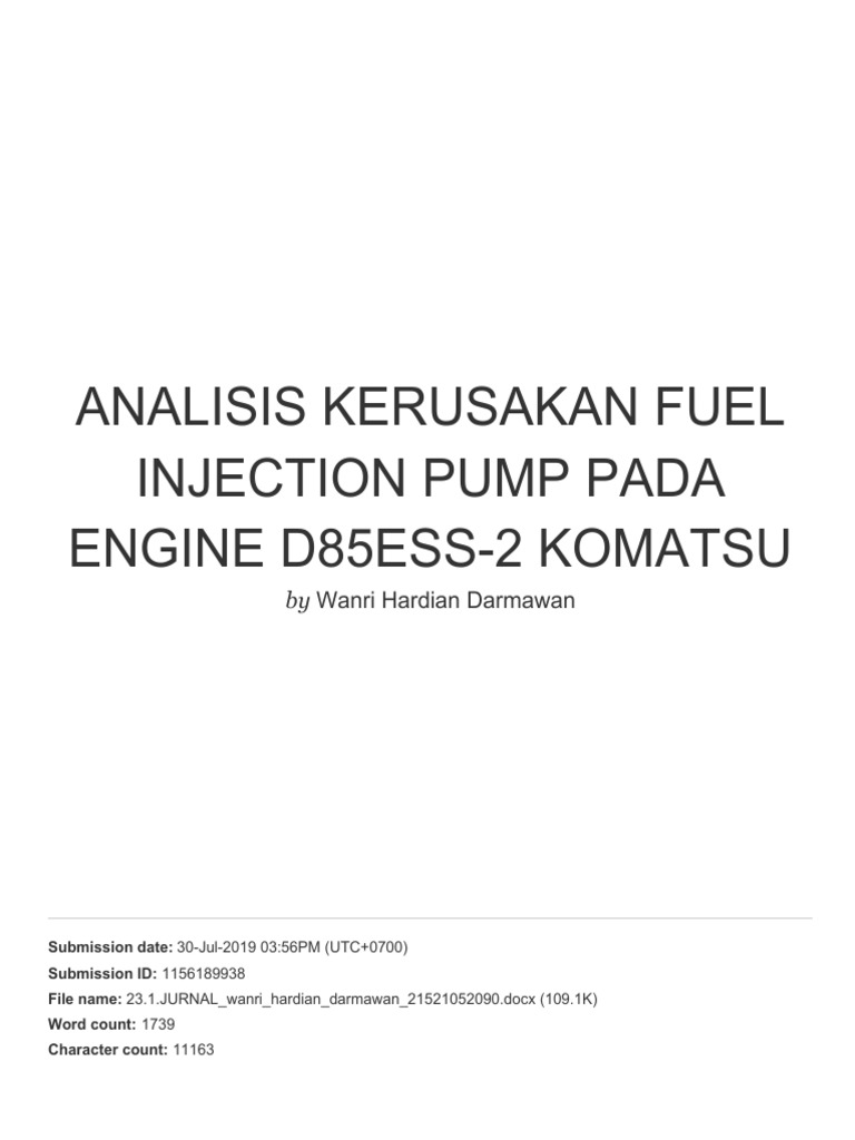 Analisis Kerusakan Fuel Injection Pump Pada Engine D85Ess-2 Komatsu | PDF