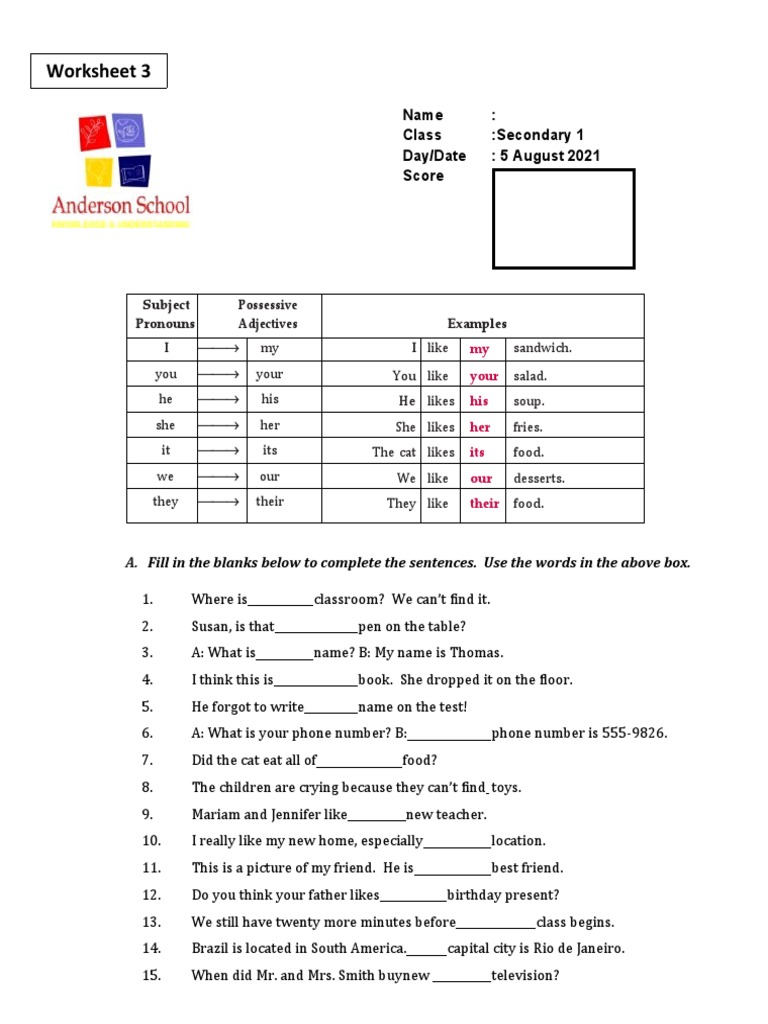 Possessive Adjective Worksheet | PDF