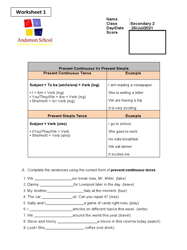 Present Simple and Continuous Worksheet | PDF | Verb | Syntax