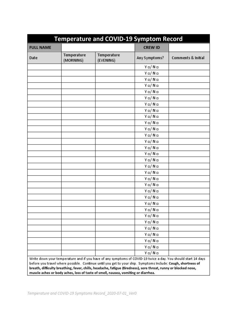 PCLA Temperature and COVID 19 Symptoms Record 2020-07-01 Ver0 | PDF ...