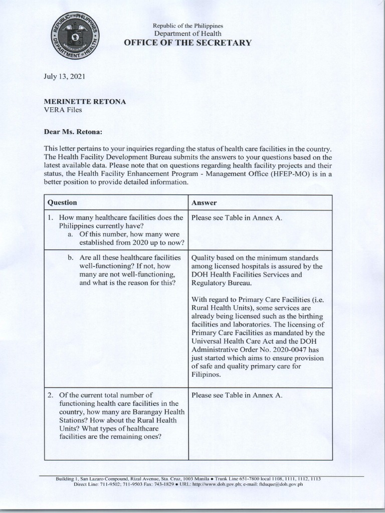 DOH Health Facility Development Bureau Response On Health Facilities | PDF