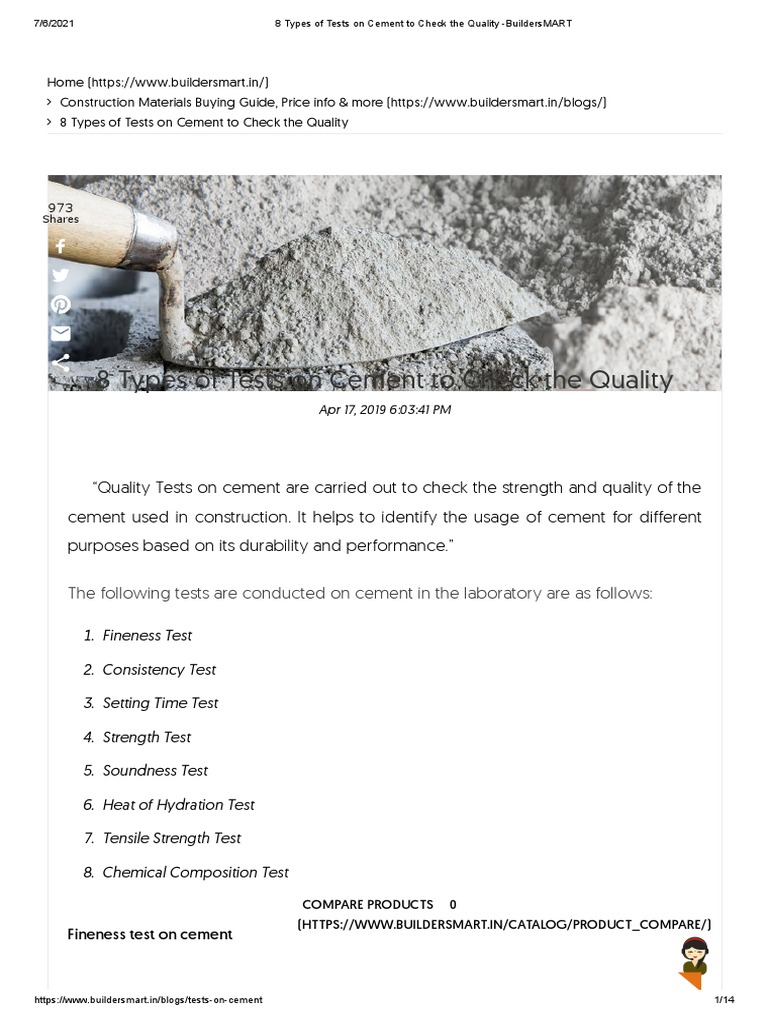 8 Types of Tests On Cement To Check The Quality - BuildersMART | PDF