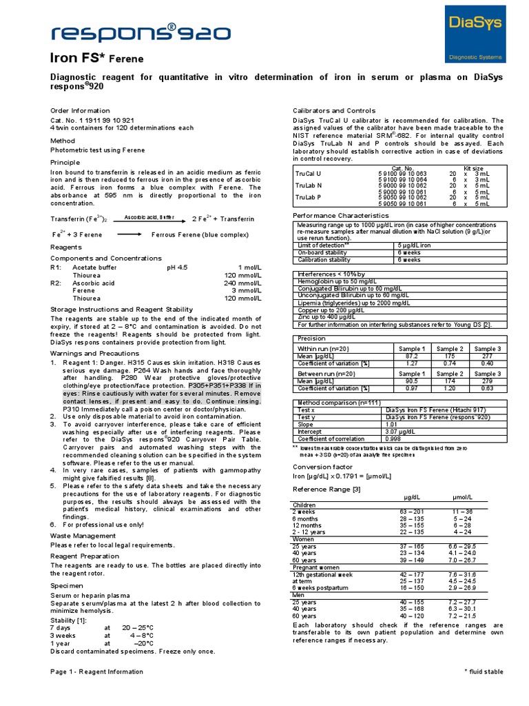Iron FS : Ferene | PDF | Blood Plasma | Reference Range