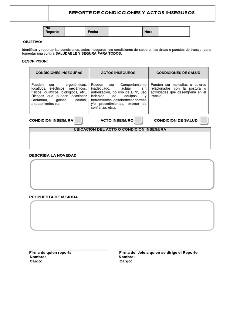 Formato Reporte de Condiciones y Actos Inseguras Actualizado | PDF