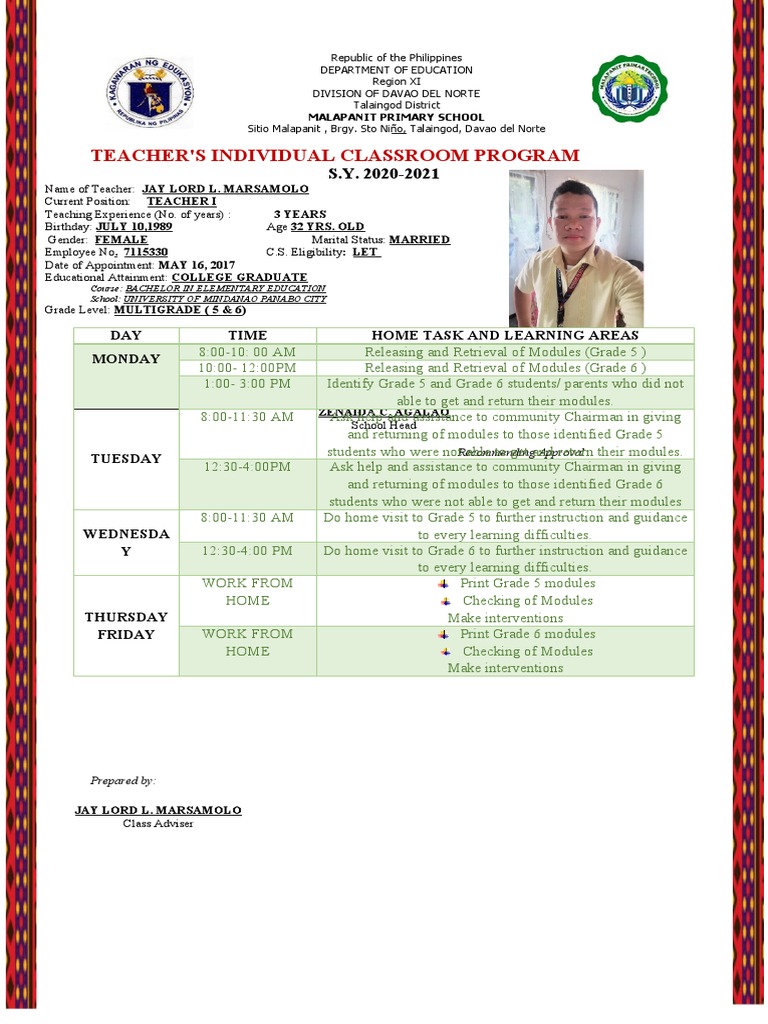 Teacher'S Individual Classroom Program: DAY Time Home Task and Learning ...