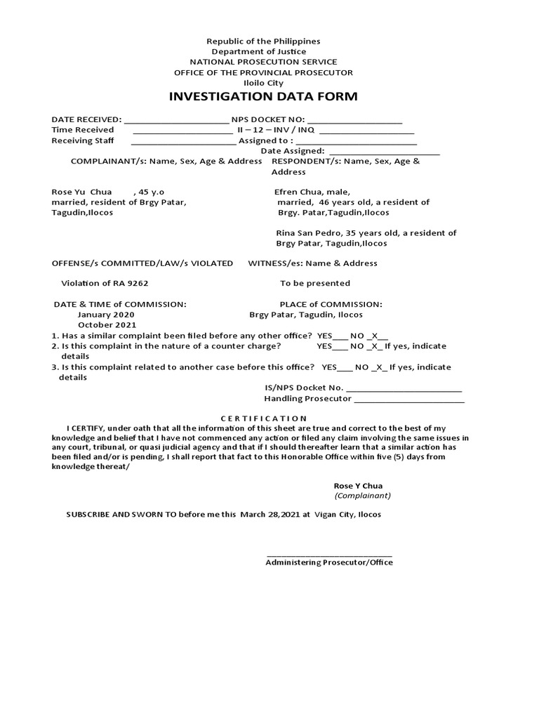 Investigation Data Form: (Complainant) | PDF | Prosecutor | Complaint