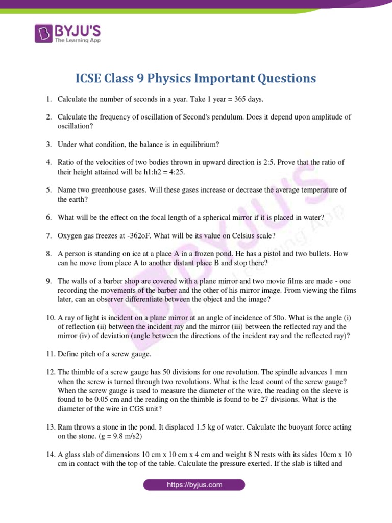 ICSE Class 9 Physics Important Questions | PDF | Mirror | Gases