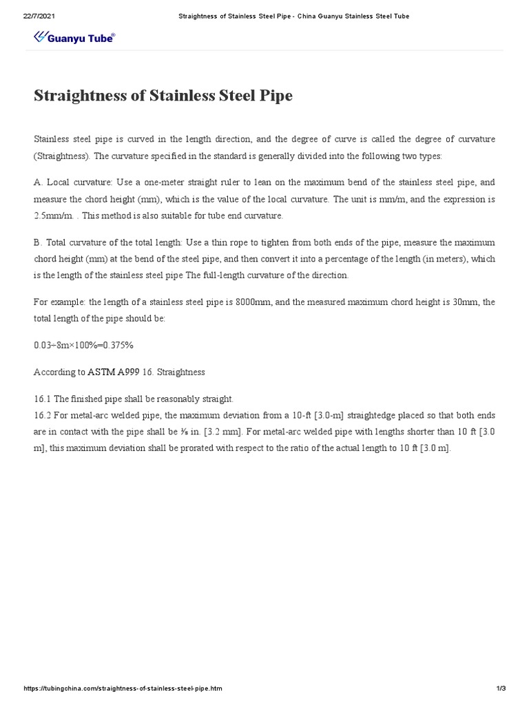 Straightness of Stainless Steel Pipe | PDF | Pipe (Fluid Conveyance ...