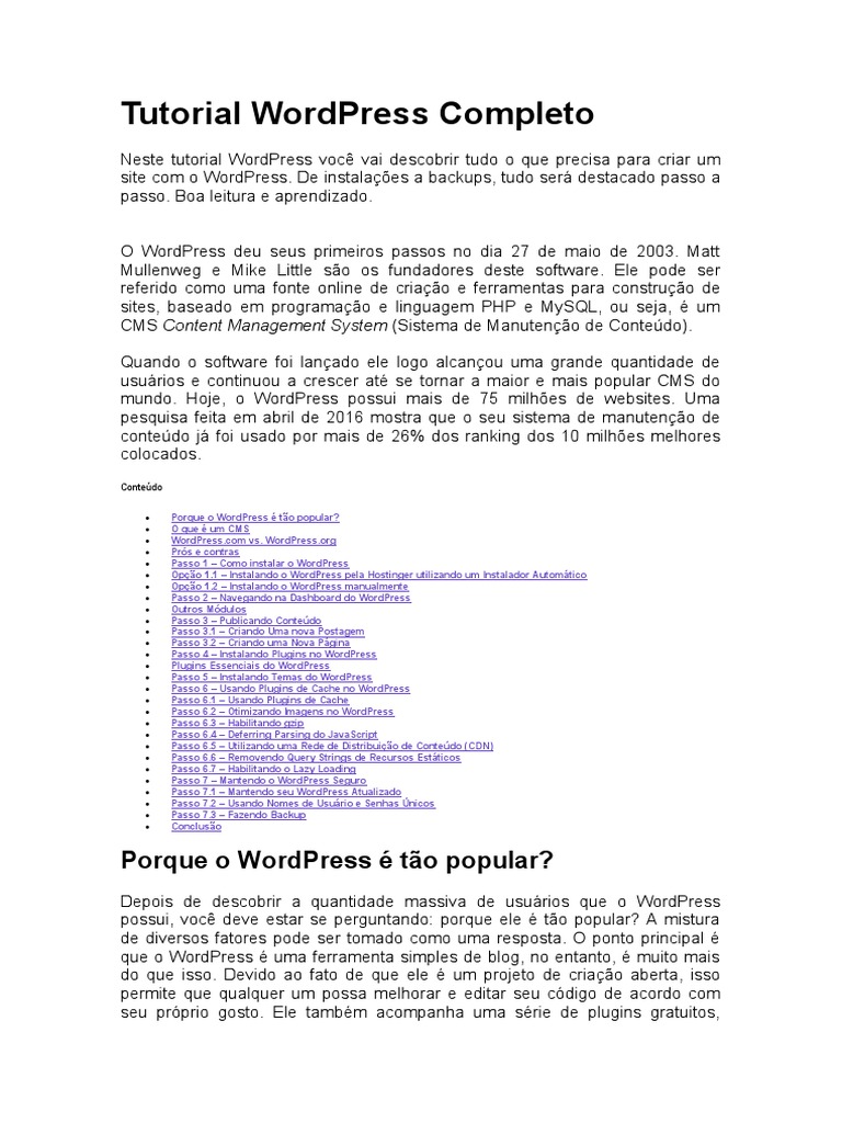 Tutorial WordPress Completo | PDF | WordPress | Plug-in (informática)