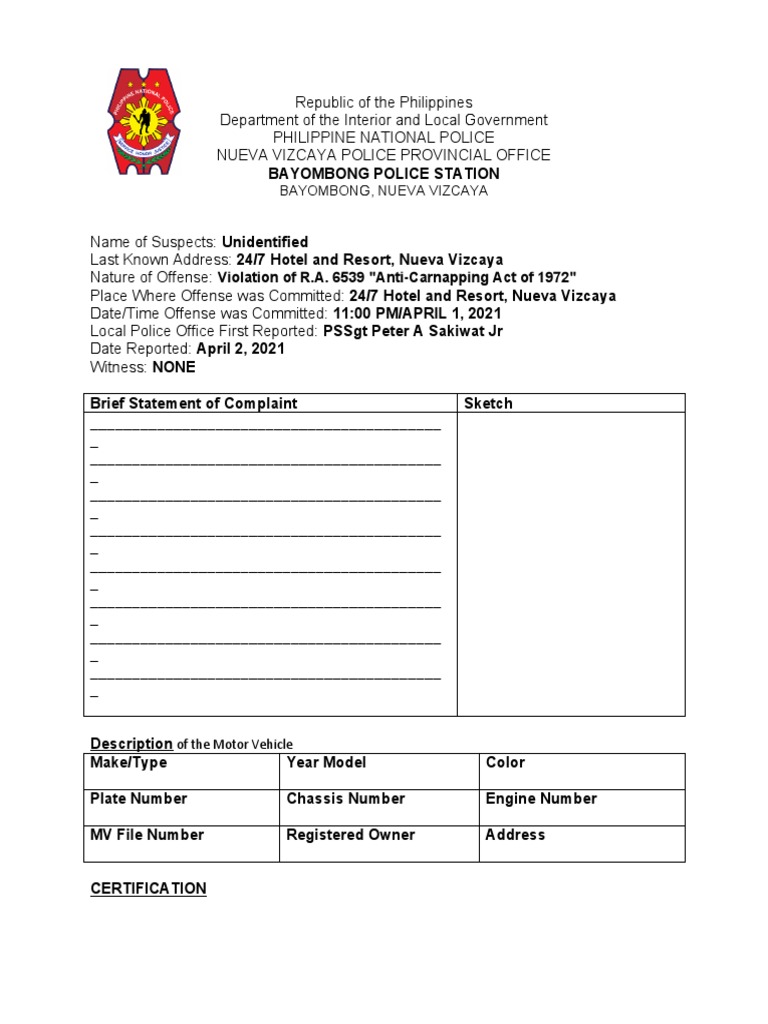 Sample Format of Complaint Sheet Carnapping Incident 1 | PDF | Perjury ...