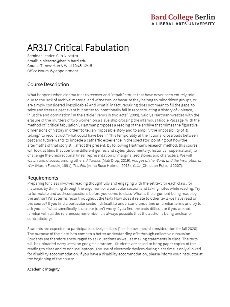 AR317 Critical Fabulation: Course Description | PDF | Academic ...