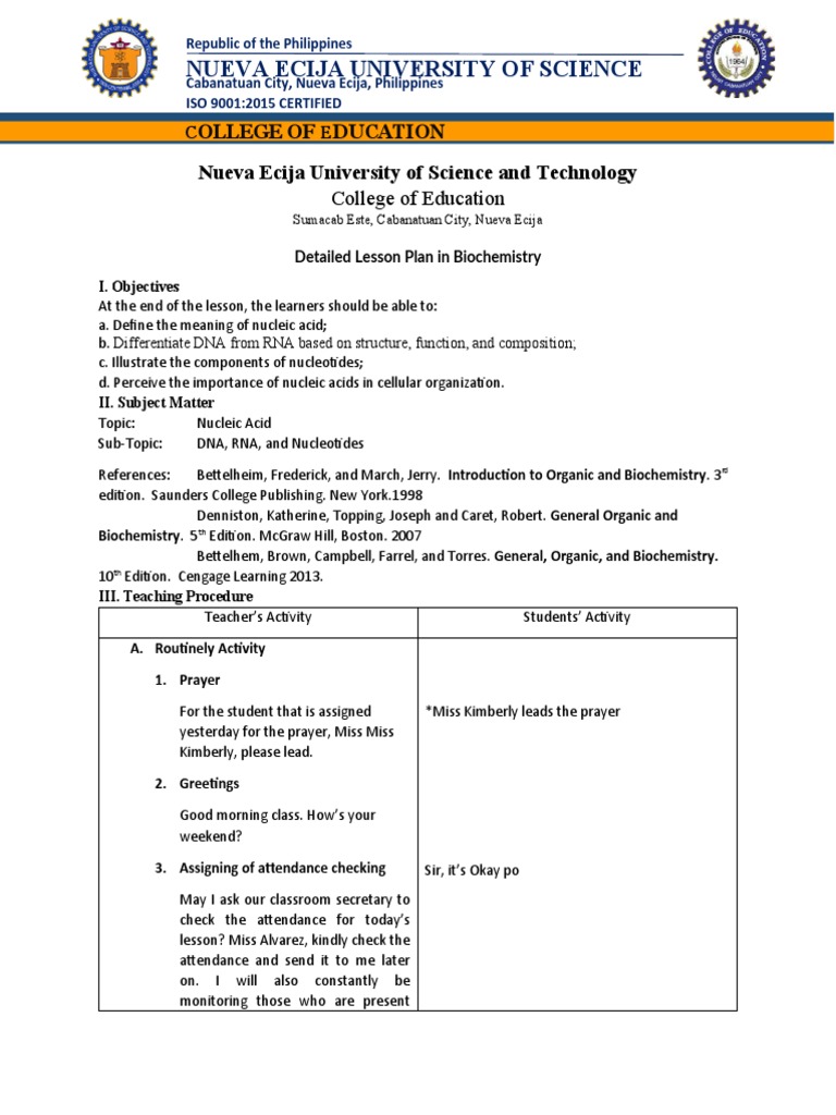 Biochemistry - Nucleic Acid Lesson Plan | PDF | Nucleotides | Nucleic Acids