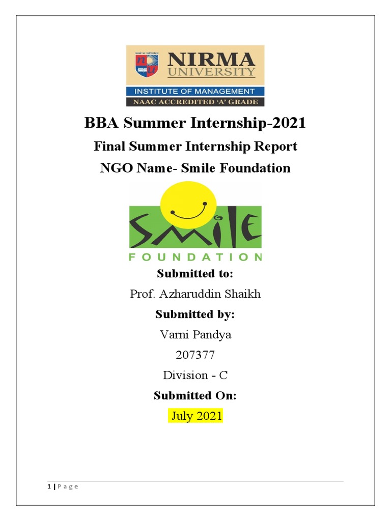 BBA Summer Internship-2021: Final Summer Internship Report NGO Name ...