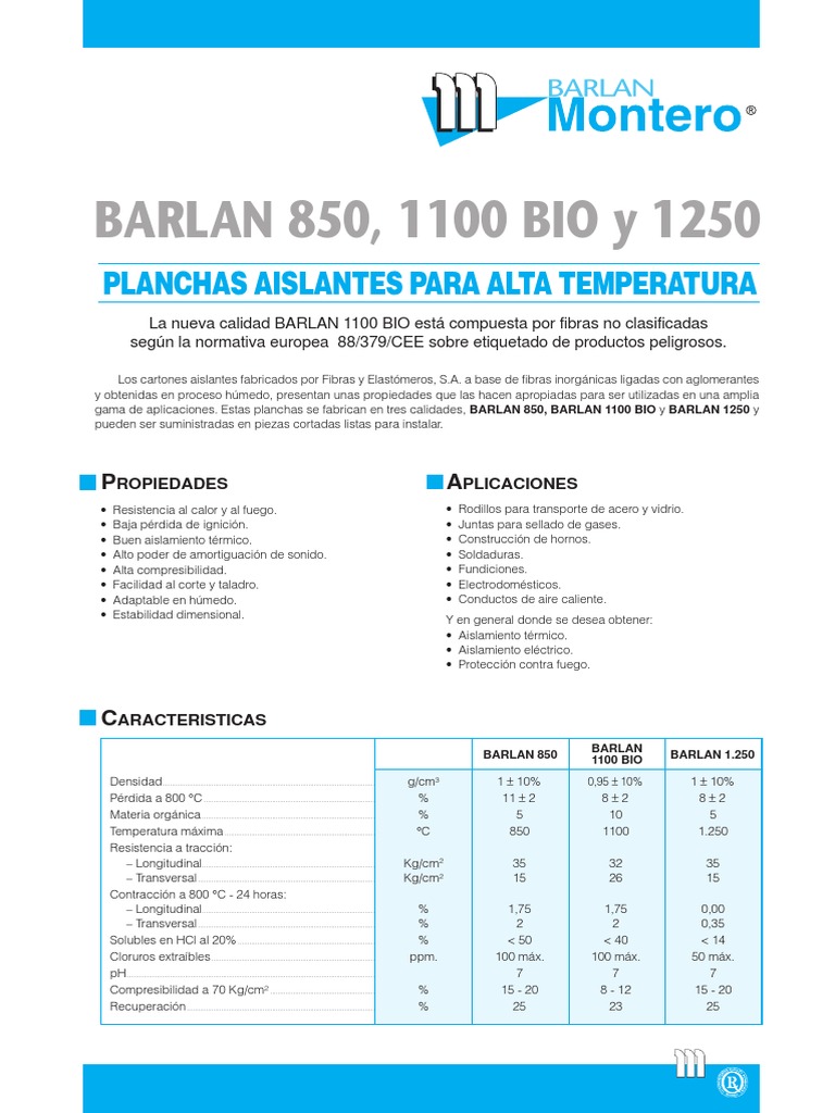 Barlan 850 1s0 y 1250c | PDF | Aislamiento térmico | Materiales