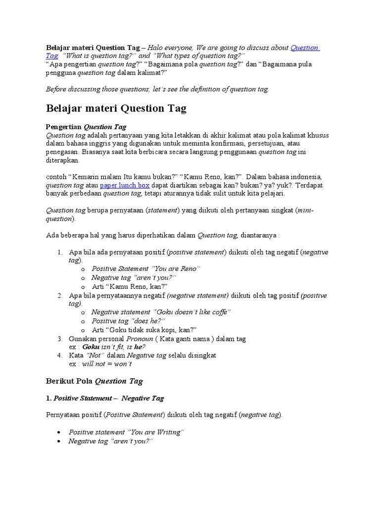Panduan Lengkap Question Tag dalam Bahasa Inggris | PDF