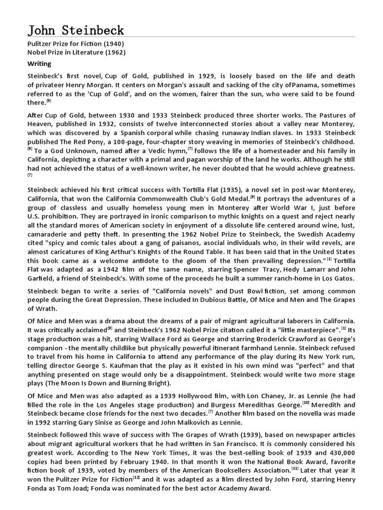 An Overview of John Steinbeck's Life, Works, and Accomplishments | PDF ...
