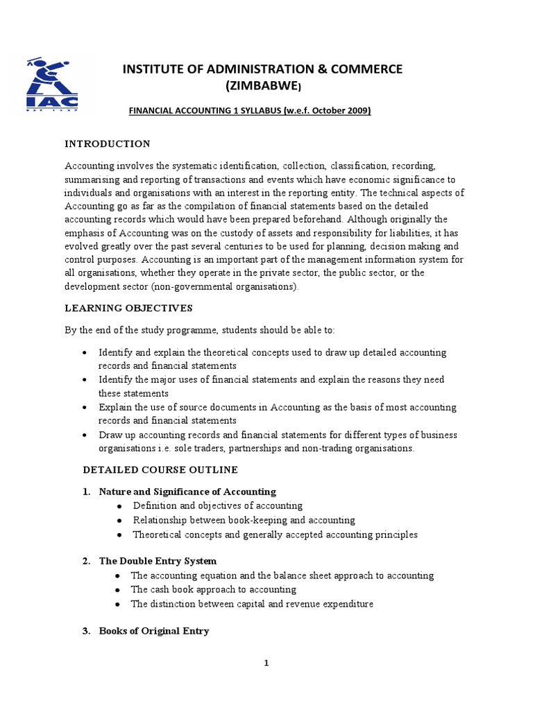 Financial Accounting 1 Syllabus | PDF | Bookkeeping | Financial Accounting