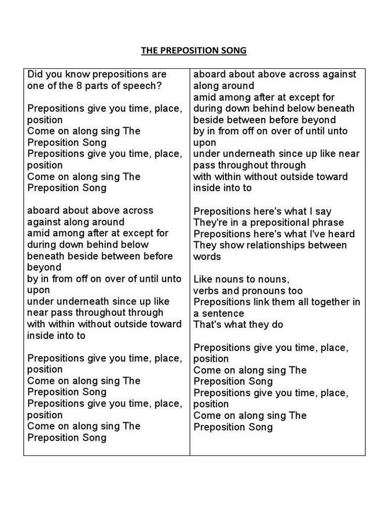 The Preposition Song | PDF | Preposition And Postposition | Part Of Speech