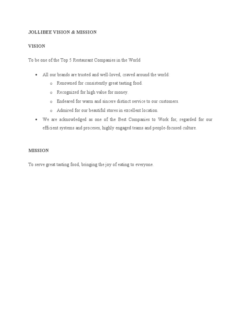 Jollibee Vision and Mission Statement | PDF | Wellness