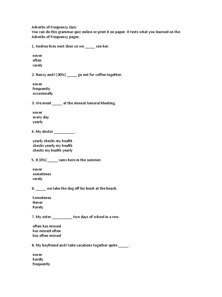 Adverbs of Frequency Quiz | PDF
