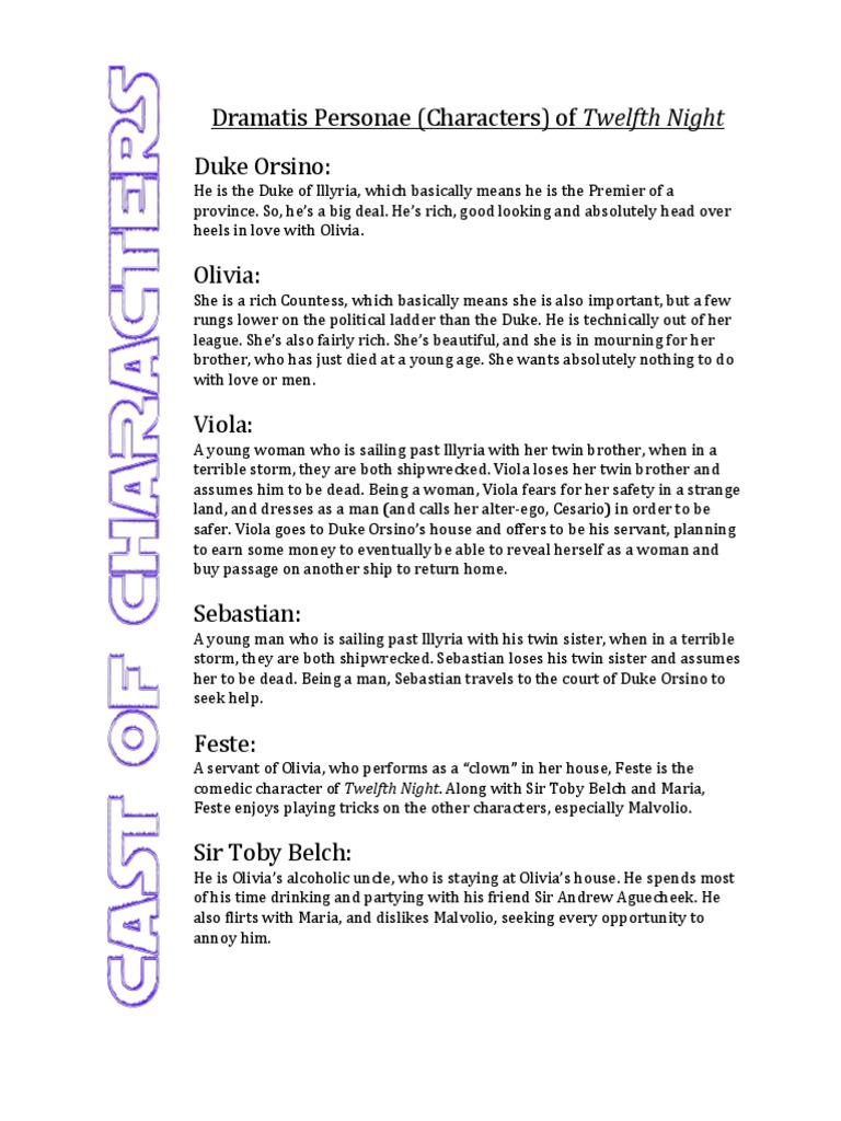 Twelfth Night Cast of Characters | PDF | Twelfth Night | Shakespearean ...