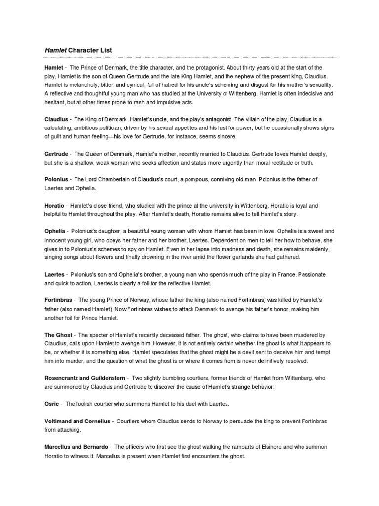 Hamlet Character List For 3.5 | PDF | Hamlet | Plays Based On European ...
