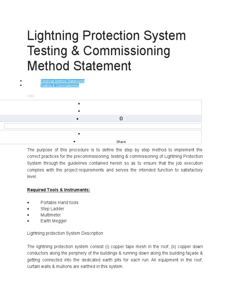 Lightning Protection System Testing And Commissioning Method Statement Pdf