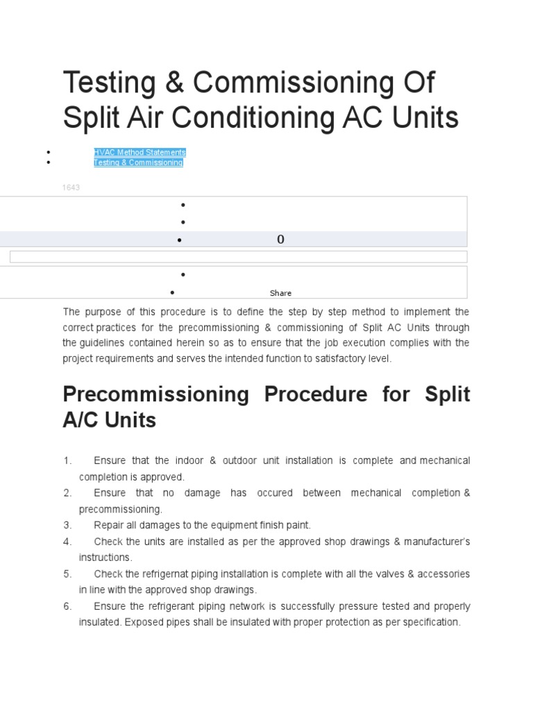 Testing & Commissioning of Split Air Conditioning AC Units | PDF