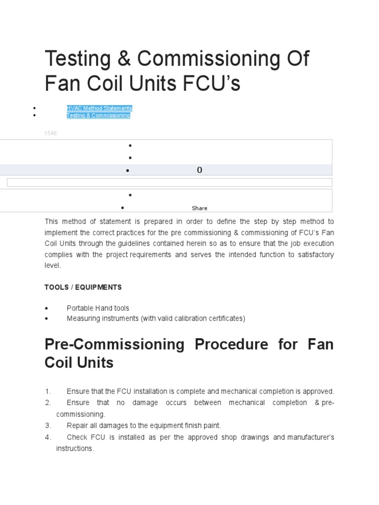 Testing And Commissioning Of Fan Coil Units Fcus Pdf