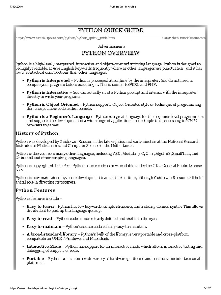 Python Quick Guide | PDF | Command Line Interface | Scripting Language Python Quick Guide | PDF | Command Line Interface | Scripting Language