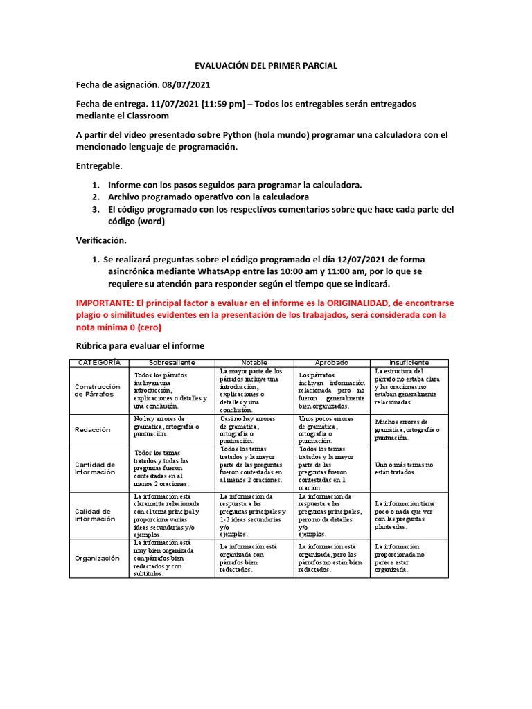 Evaluación del Primer Parcial de Python | PDF | Lenguaje de ...