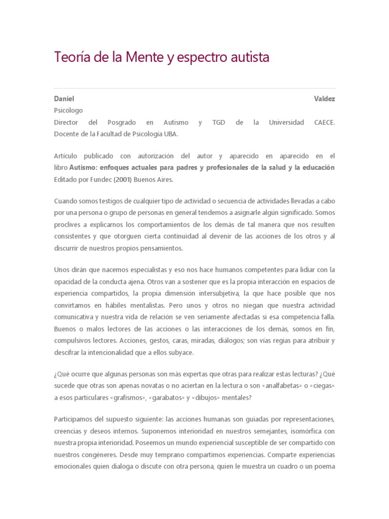 Teoría de La Mente y Espectro Autista | PDF | Espectro autista | Mente